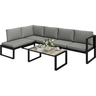 OUTSUNNY Salon de Jardin Ext&eacute;rieur dAngle - Outsunny - 5 Personnes - Canap&eacute;s, Chaise et Table - M&eacute;tal Textil&egrave;ne - Gris Fonc&eacute;