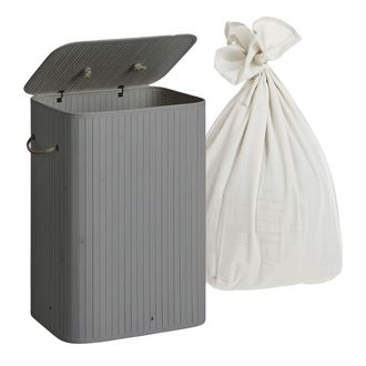 Relaxdays W&auml;schekorb mit Deckel, Bambus, 80 Liter, Faltbarer W&auml;schesammler, HxBxT: 60 x 40 x 30 cm, W&auml;schetruhe, grau