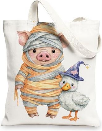 Generic Jolis sacs en toile avec motif cochon et canard, réutilisables, amusants, légers, lavables, blanc, 13x15 Inch