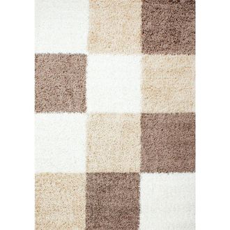 LIFE Tapis Shaggy Poils Longs Motifs Carreaux (Beige / Blanc / Mocca - 120x170cm)
