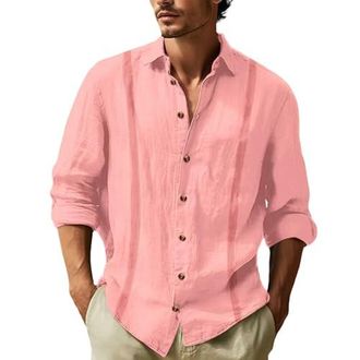 Generic Chemise en coton et lin pour homme - Chemisier dentra&icirc;nement d&eacute;contract&eacute; &agrave; revers en coton &agrave; manches longues - Coupe droite, Rouge, 3XL