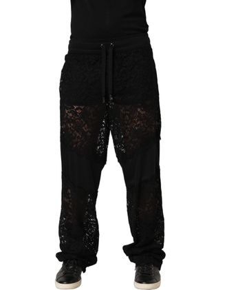 Dolce & Gabbana Mens Lace-Panel Joggers Black Nylon Viscose Polyester