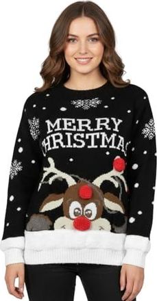 Janisramone Pull de Noel Femme Tricot&eacute;, Pull Noel Femme Renne Rigolo, Acrylique Pull de Noel &agrave; Manches Longues Col Ras-du-Cou, Sweat Chandail No&euml;l Femme
