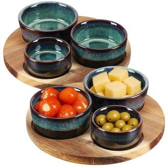 Com-Four 8-teiliges Servierset - Schüsselset mit Holzbrett zum Servieren von Tapas, Mezze oder Antipasti - Schälchen in 3 Größen mit Serviertablett aus Akazien