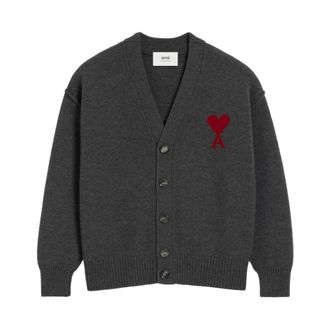 Ami Homme, Pulls, Gris, Taille: XS Cardigan Ami de Coeur avec broderie