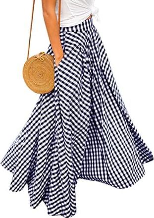 ORANDESIGNE Femmes Rétro Maxi Jupe à Carreaux Basique Plissée Fille Maxi Jupe avec Poches Haute Taille Jupe de Plage Jupe Longue A-Line A Bleu 3XL