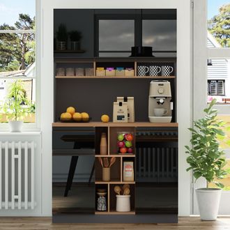 Generic LZPUOUI Buffetschrank K&uuml;che K&uuml;chenschrank Schwarz Mit Arbeitsplatte MDF Gl&auml;nzende Fronten Schublade T&uuml;ren Stauraum Sideboard K&uuml;che Anrichte Stauschran