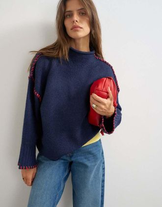 Topshop Strickpullover mit Rollkante und &Uuml;berwendlichstich in Marineblau
