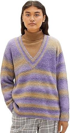 Tom Tailor Denim TOM TAILOR Denim Pull en Tricot à Rayures Batik, 32636-lilac Beige Colorflow, XXL Femme