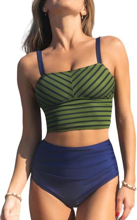 Cupshe Damen Tankini Set Eckiger Ausschnitt High Waist Bauchweg Crop Tank Top Tankini Bademode Zweiteiliger Badeanzug Swimsuit Olivgrün/Marineblau Gestreift 