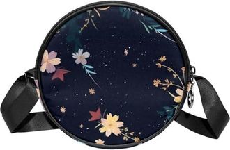 Generic Petit sac &agrave; bandouli&egrave;re rond pour femme, motif floral, ciel nocturne, avec fermeture &eacute;clair, bretelles r&eacute;glables, sac &agrave; main rond d&eacute;contract&eacute; pour fem