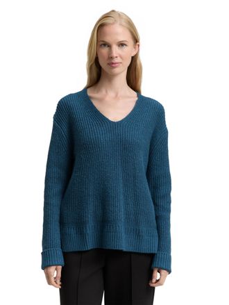 Tom Tailor Damen 1047674 RIPP Strickpullover mit V-Ausschnitt, 38879-Dark Petrol Melange, M