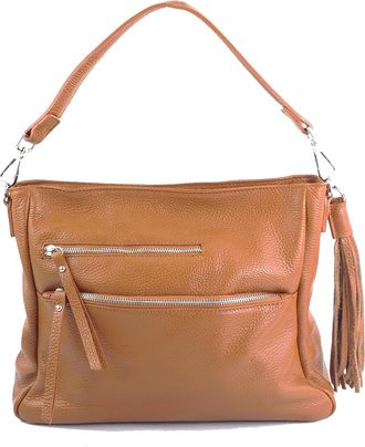 modamoda.de T262 Damen Leder Schultertasche handmade in Italy, Farbe:Cognac