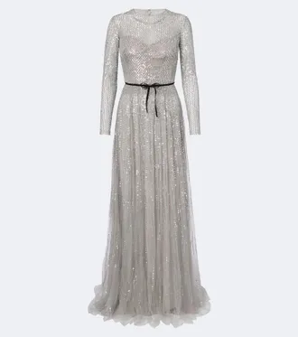 Monique Lhuillier Robe longue en tulle &agrave; sequins
