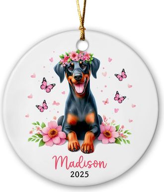 Generic Keramik Weihnachts Ornamente Blume Dobermann Pinscher Hund Weihnachts-H&auml;ngende Weihnachtsbaumschmuck Mit Seil 7.3Cm