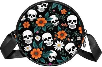 Generic Petit sac &agrave; bandouli&egrave;re circulaire pour femme, motif cr&acirc;nes, fleurs, petit sac &agrave; bandouli&egrave;re avec fermeture &eacute;clair, bretelles r&eacute;glables, sac &agrave; main ro