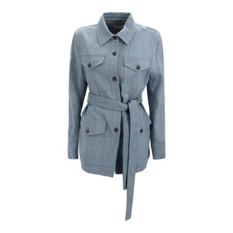 P.A.R.O.S.H. P.a.r.o.s.h., Femme, Vestes, Bleu, Taille: 38 FR Veste en lin ceintur&eacute;e