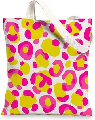 Generic Sacs fourre-tout en toile motif léopard, sacs dépicerie réutilisables, chics, légers, lavables à bandoulière pour Gy, Pêche et jaune, 13x15 Inch