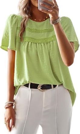 Generic Chemise boh&egrave;me &agrave; pompons pour femme, joli col rond, manches courtes, couleur unie, haut surdimensionn&eacute;, d&eacute;contract&eacute;, pliss&eacute;, coupe ample, vert clair, 