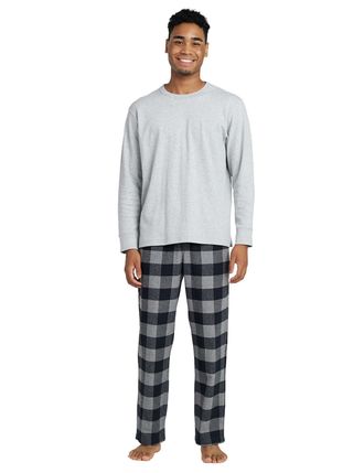 Lapasa Herren Pyjama-Set Relaxed Fit Schlafanzugset, Flanell Hose & Baumwolle Top M79, Hellgrau + Schwarz & Dunkelgrau, XXL