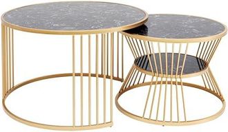 Kare Design Design Couchtisch Roma (2/Set), Schwarz/Gold, 80cm Durchmesser, Wohnzimmertisch, Beistelltisch, Stahl Gestell, Minenalmarmor Tischplatte, rund, 50x80x