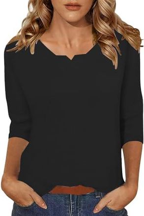 Generic Chemisier uni à manches longues pour femme - Longueur 3/4 - Col en V - T-shirt basique pour le travail - Pour lété et lautomne 2025 - Vêtements pour l
