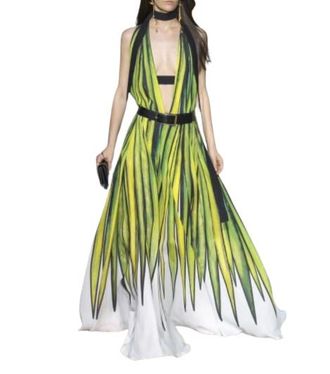 Elie Saab RUNWAY Elie Saab Green Patterned Deep Plunge Gown Size XXS