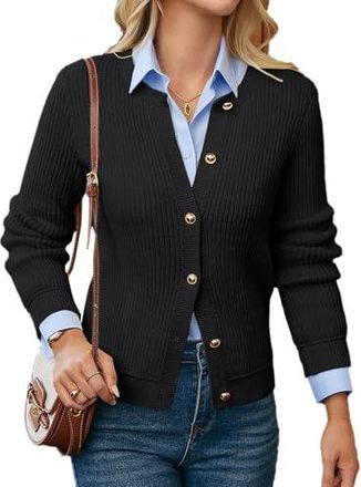 Grace Karin Cardigans &eacute;l&eacute;gants pour femmes UK, Col rond Manches longues Blazer en tricot pour lautomne, Vestes dhiver Boutonn&eacute;es, Noir, XL