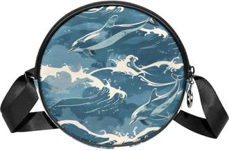 Generic Sac &agrave; bandouli&egrave;re rond pour femme, petit sac &agrave; bandouli&egrave;re motif dauphins avec fermeture &eacute;clair, bretelles r&eacute;glables, sac &agrave; main rond d&eacute;contract&eacute; pour
