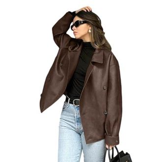 Generic Vintage marron ample col veste veste midi longueur v&ecirc;tements femme, marron, M