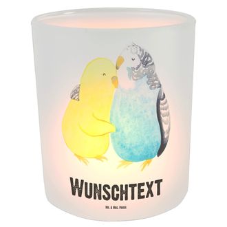 Mr. & Mrs. Panda Personalisiertes Windlicht Wellensittich Liebe - Personalisierte Geschenke, Verliebt, Verknallt, V&ouml;gel, Freundin, Kerzengl&auml;ser, mit Namen, Windlichtgl