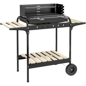 OUTSUNNY Barbecue &agrave; charbon sur pied grille r&eacute;glable 2 roues 3 &eacute;tag&egrave;res r&eacute;cup&eacute;rateur de cendres noir