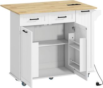 HOMCOM Desserte &icirc;lot central de cuisine multi-rangement - prises secteur, ports usb - blanc effet bois clair