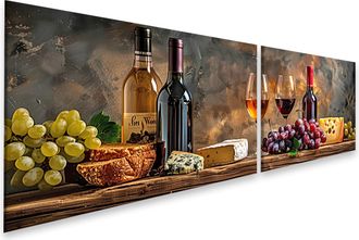 Islandburner Bild auf Leinwand Rustikales Stillleben mit Weinflaschen Gläsern Trauben Käse Brot auf Holztisch Bilder Wandbilder Poster