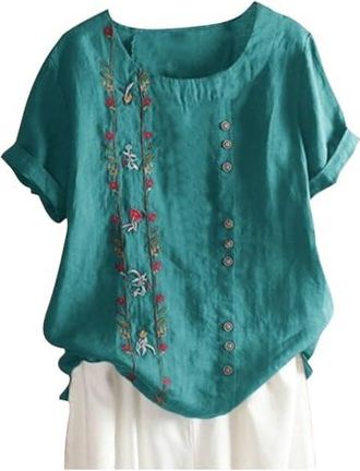 Generic T-shirt pour femme avec broderie r&eacute;tro en coton et lin - Chemise d&eacute;contract&eacute;e &agrave; manches courtes, bleu ciel, XXL