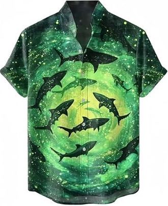Keephen Hommes col Stand Chemises &agrave; Manches Courtes Mode 3D imprim&eacute; Requin Motif Bouton en Bas Chemise Hawaii &eacute;t&eacute; Casual Tops Blouse de Rue ext&eacute;rieure