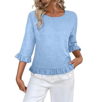 Generic Top en lin pour femmes Top &agrave; manches 3 quarts Chemise d&eacute;t&eacute; respirante Chemises d&eacute;paule goutte de couleur pure Chemises &agrave; la mode avec ourlet &agrave; volants