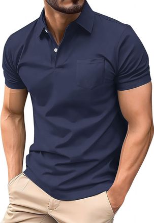 KEFITEVD Poloshirt Herren Kurzarm mit Brusttasche Atmungsaktive Golf Poloshirt Polyester Tshirt M&auml;nner Sommer Knopfleiste Polohemd Marineblau 3XL