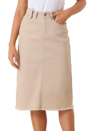 Allegra K Freizeit-Jeansrock f&uuml;r Damen, hohe Taille, mit Schlitz hinten, Stretch-Jeansrock, aprikose, Klein