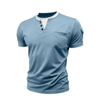 Generic T-shirt &agrave; manches courtes vintage pour homme - Avec boutons - Style classique - Respirant - Coupe ajust&eacute;e - Avec poche de poitrine, bleu clair, 3XL
