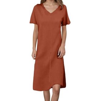 Generic Robe d&eacute;t&eacute; en lin pour femme - Mi longue - Robe d&eacute;contract&eacute;e - Manches courtes - Couleur unie - Col en V - Tunique ample - Robe de plage - Grande taill
