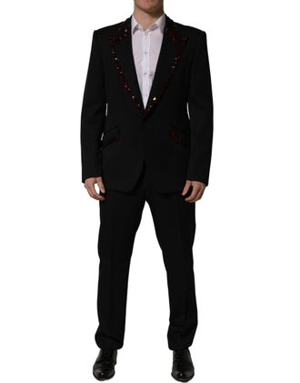 Dolce & Gabbana Mens Black Crystal Embellished 2 Piece Suit Virgin Wool Silk Polyester