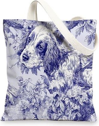 Generic Sacs fourre-tout en toile pour chien, illustration animale, sacs dépicerie réutilisables, vintage floral, léger et lavable avec bandoulière en toile, 