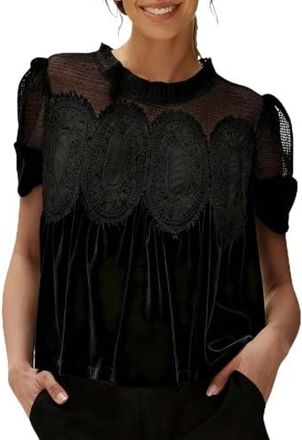 Generic Hauts en velours pour femme - Vintage - Broderie - Courtes en dentelle - Manches courtes - T-shirt de fête - Vêtements dhiver, Noir, XL