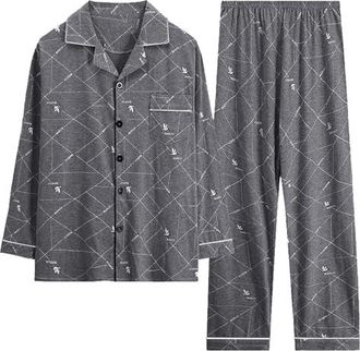 Generic Ensemble de pyjama pour homme &agrave; manches longues en coton avec col boutonn&eacute; et pantalon de nuit taille haute extensible, doux et confortable, pyjama am