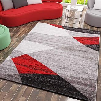Vimoda Teppich Geometrisches Muster Meliert in Rot Grau Weiß Schwarz Kurzflor Wohnzimmer, Maße:120 x 170 cm