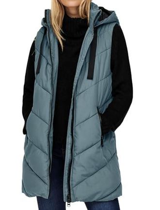 Jacqueline de Yong Veste dhiver Femme Skylar Long Gilet Matelass&eacute; sans Manches Basique &agrave; Capuche & Fermeture &Eacute;clair, Couleurs:Bleu, Taille:XL