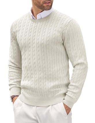 Coofandy Herren Pullover Rundhals Feinstrick Slim Fit Strickpullover Leichte Zopfmuster Elegangt Pulli Wei&szlig; XL