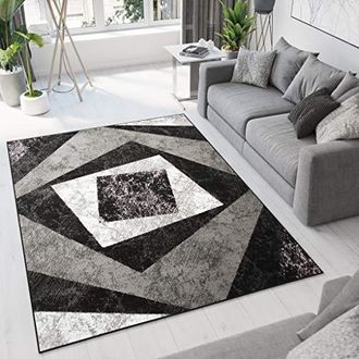 Tapiso Dream Tapis de Salon Chambre Salle &agrave; Manger Adulte Bureau Design Moderne Gris Noir Blanc G&eacute;om&eacute;trique Motif Carreaux Poil Court Fin Doux L&eacute;ger R&eacute;sistan