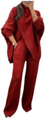 Generic Damen-Zweiteiler: Oversize-Pullover & Hose, Winter-Set f&uuml;r Damen, Loungewear-Set (Red,Grand)